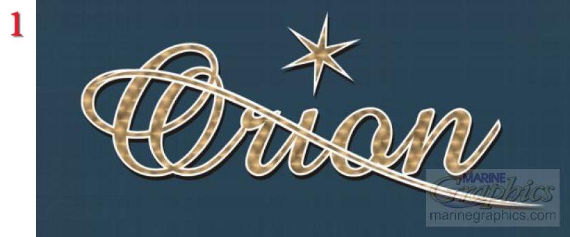 Orion boat letters on a dark blue hull - Boat Lettering