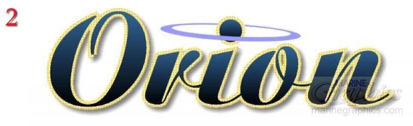 Orion boat letters on a dark blue hull - Boat Lettering