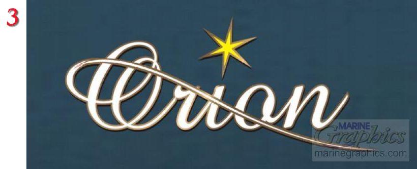 Orion boat letters on a dark blue hull - Boat Lettering