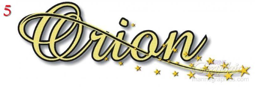 Orion boat letters on a dark blue hull - Boat Lettering