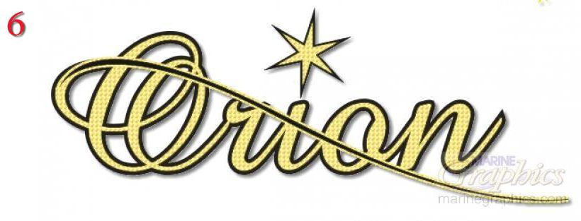 Orion boat letters on a dark blue hull - Boat Lettering